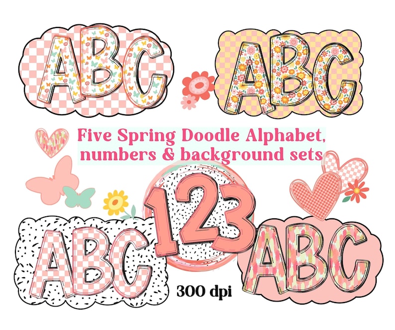 Floral Alphabet PNG Bundle, Spring Checker Letters, Doodle Font Png ...