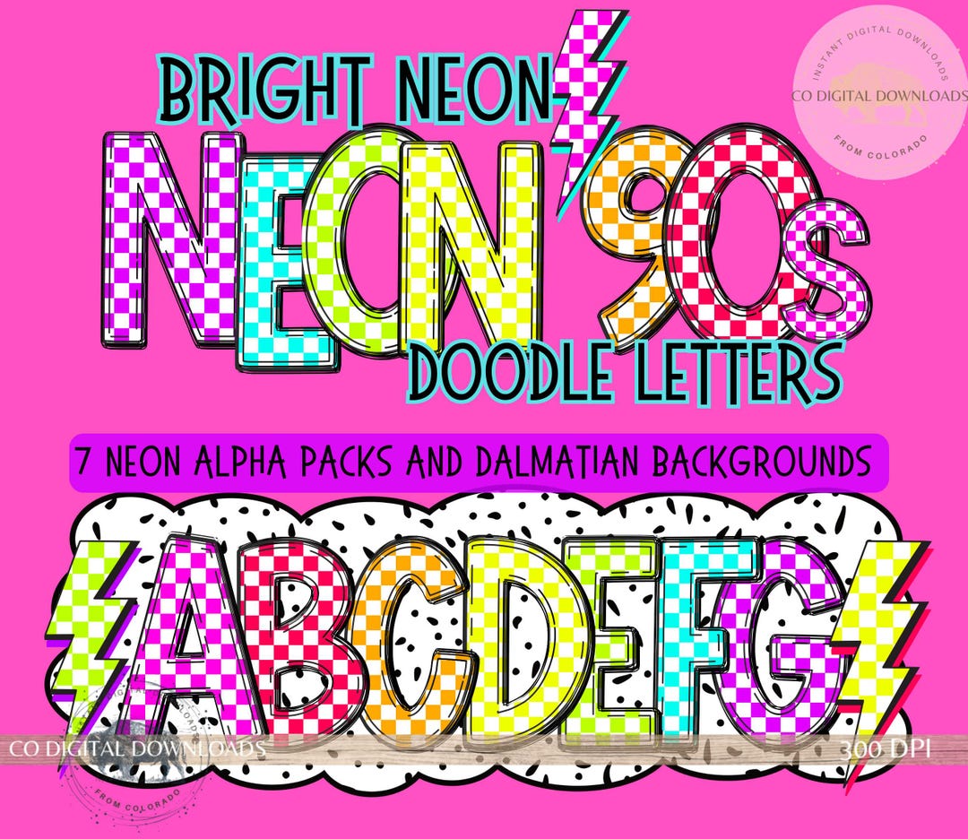 Neon Checker Alphabet Bundle Png, Alpha Doodle Letters, Printable Retro ...