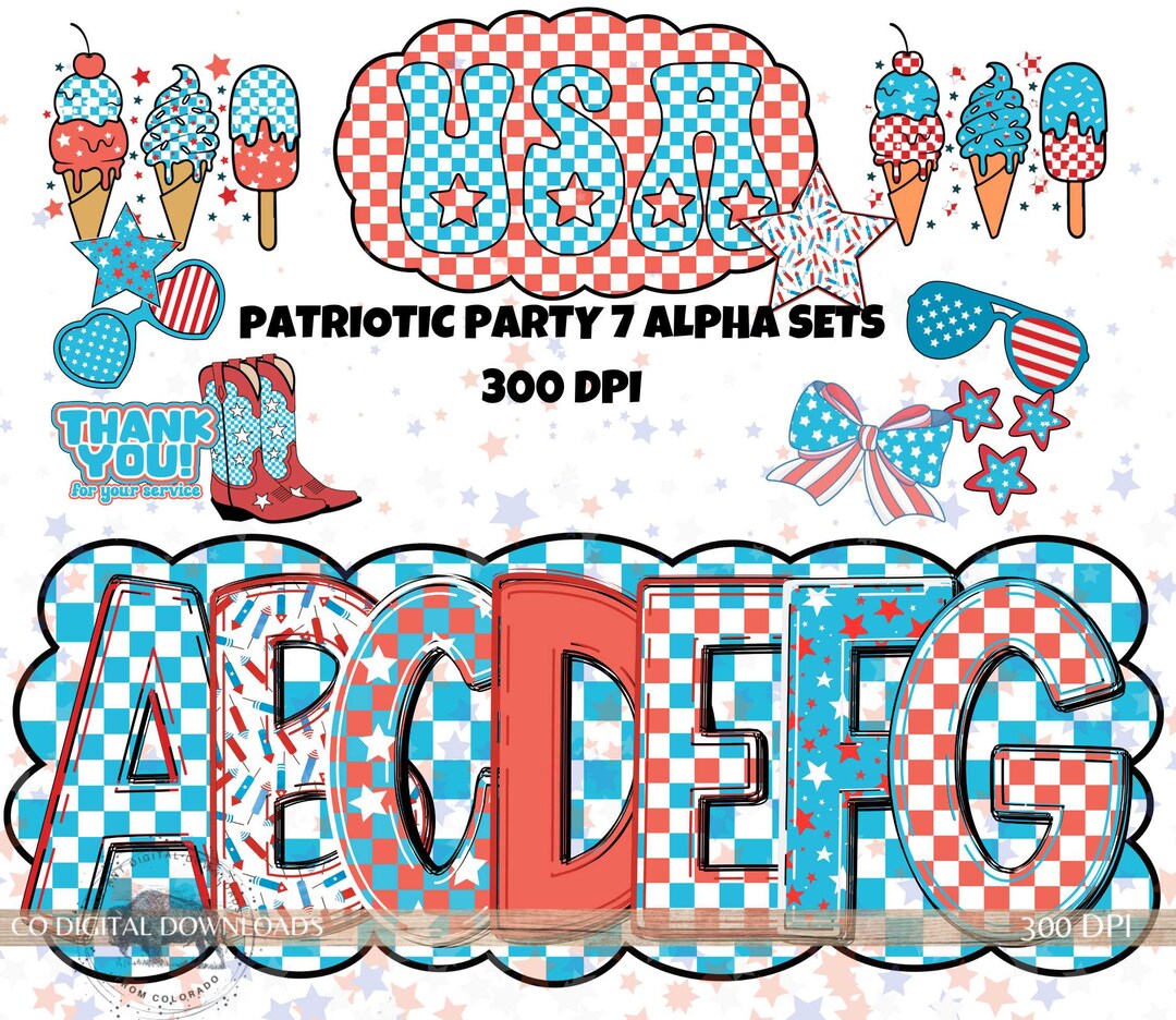 Patriotic Checker Alphabet Bundle PNG, Alpha Doodle Letters, Checkered ...