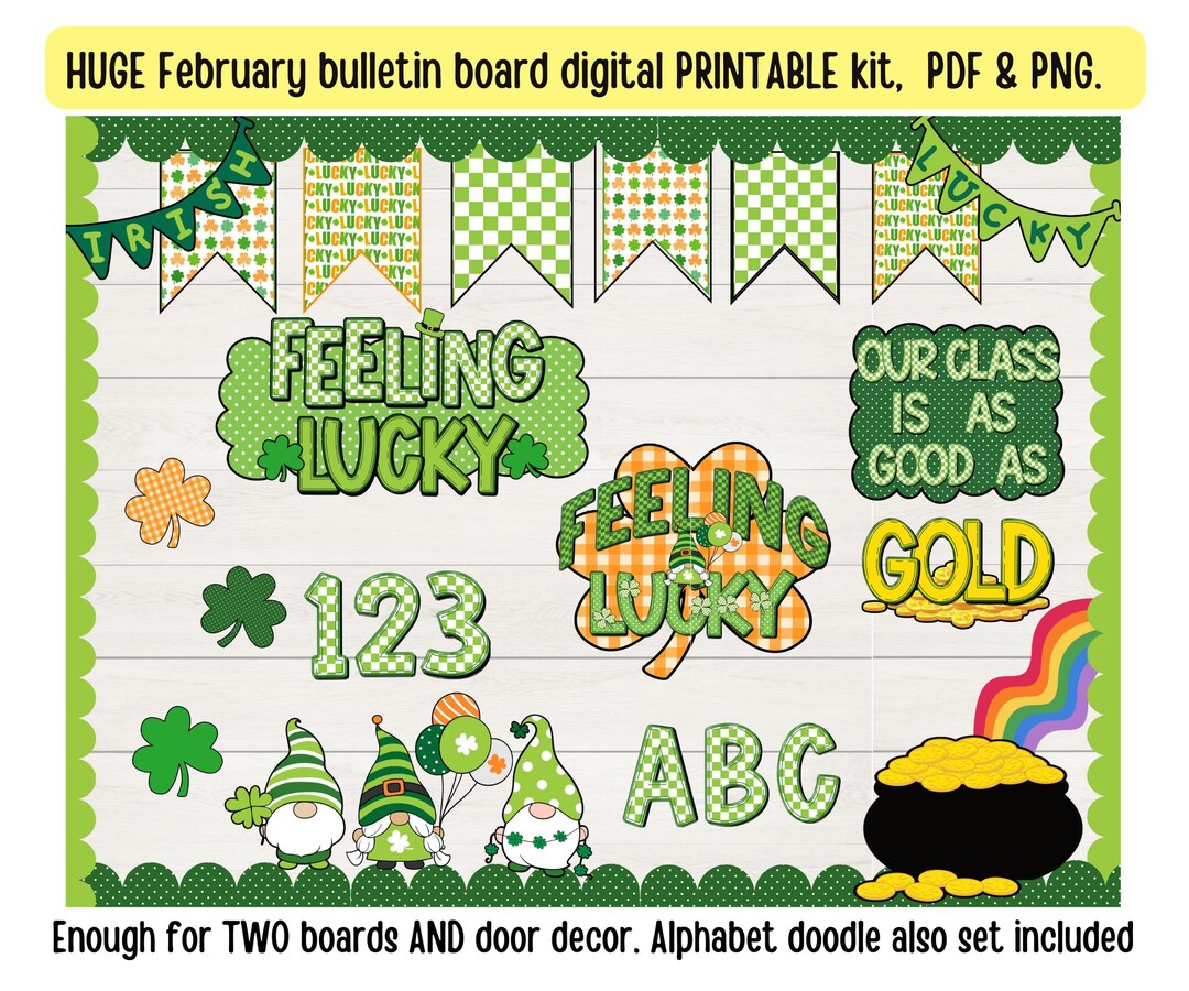 March Bulletin Board Kit Bundle, St Patrick Theme, Green Doodle Letters ...