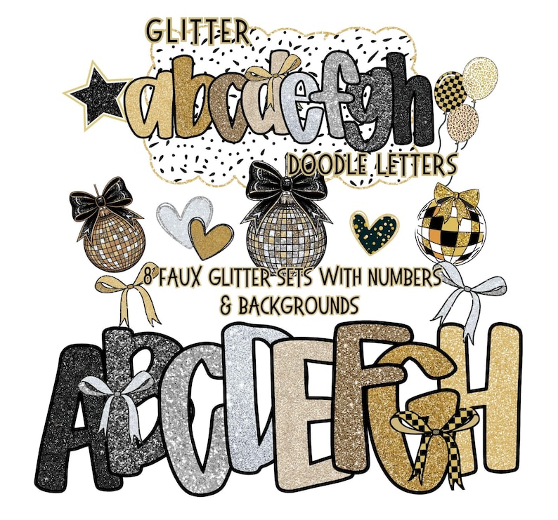 Glitter Alphabet PNG Bundle, Preppy New Year Letters, Black Silver Gold ...