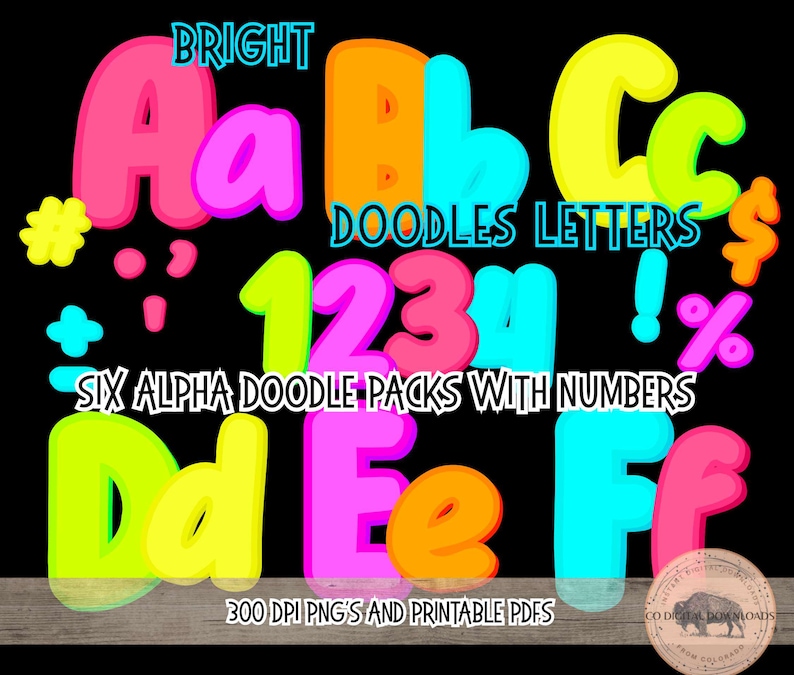 Bright Alphabet Bundle PNG PDF, Neon Alpha Doodle Letters, Colorful ...