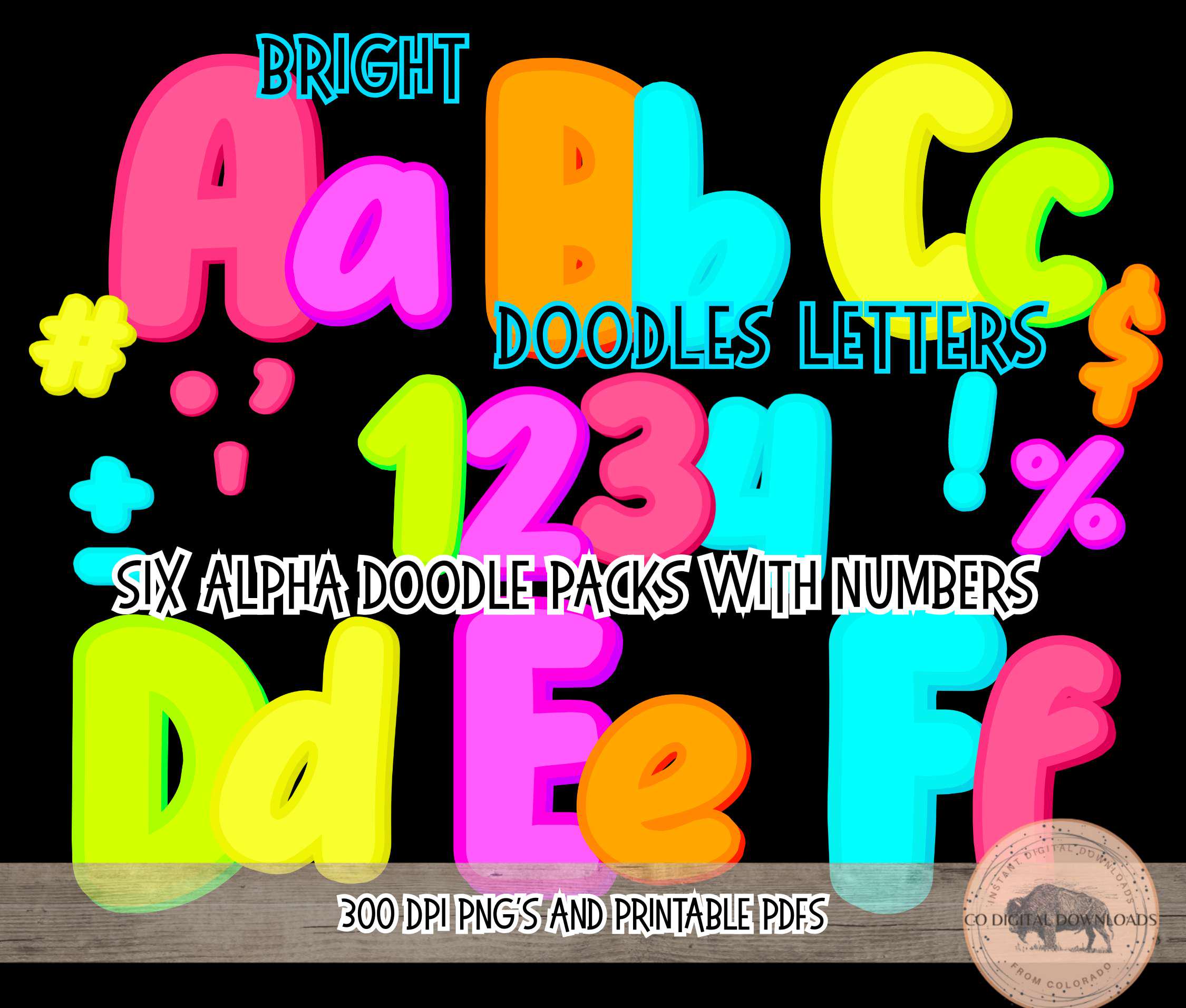 Bright Alphabet Bundle PNG PDF, Neon Alpha Doodle Letters, Colorful ...