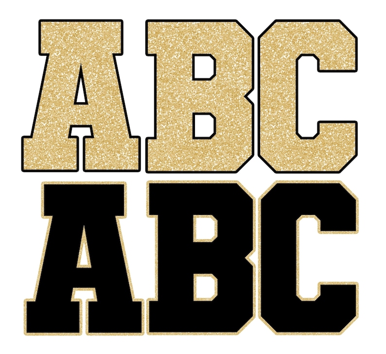 Varsity Alphabet Bundle PNG & Numbers, Black Gold Doodle Font, Faux ...