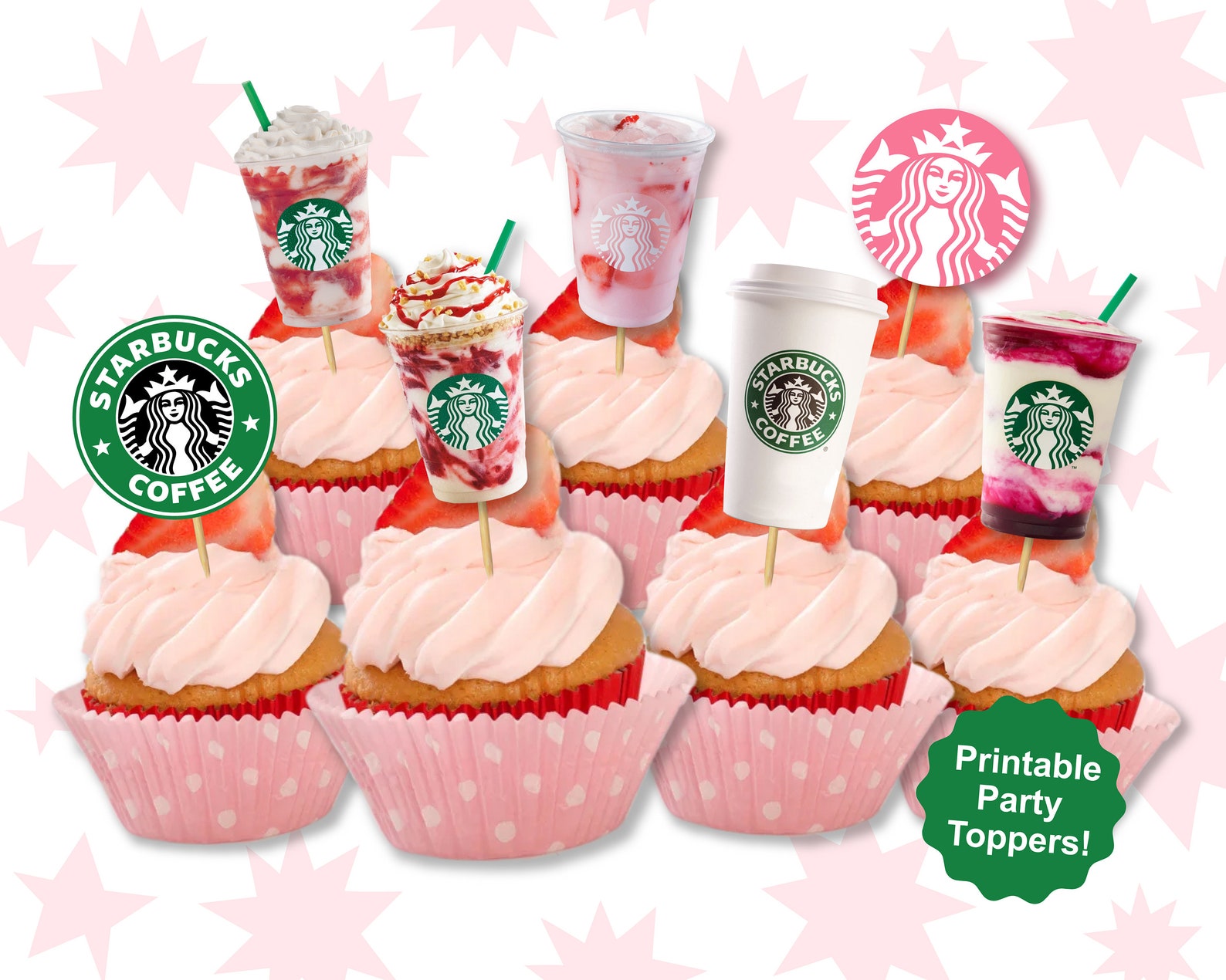 Pink Starbucks Cupcake Toppers Starbucks Theme Party - Etsy