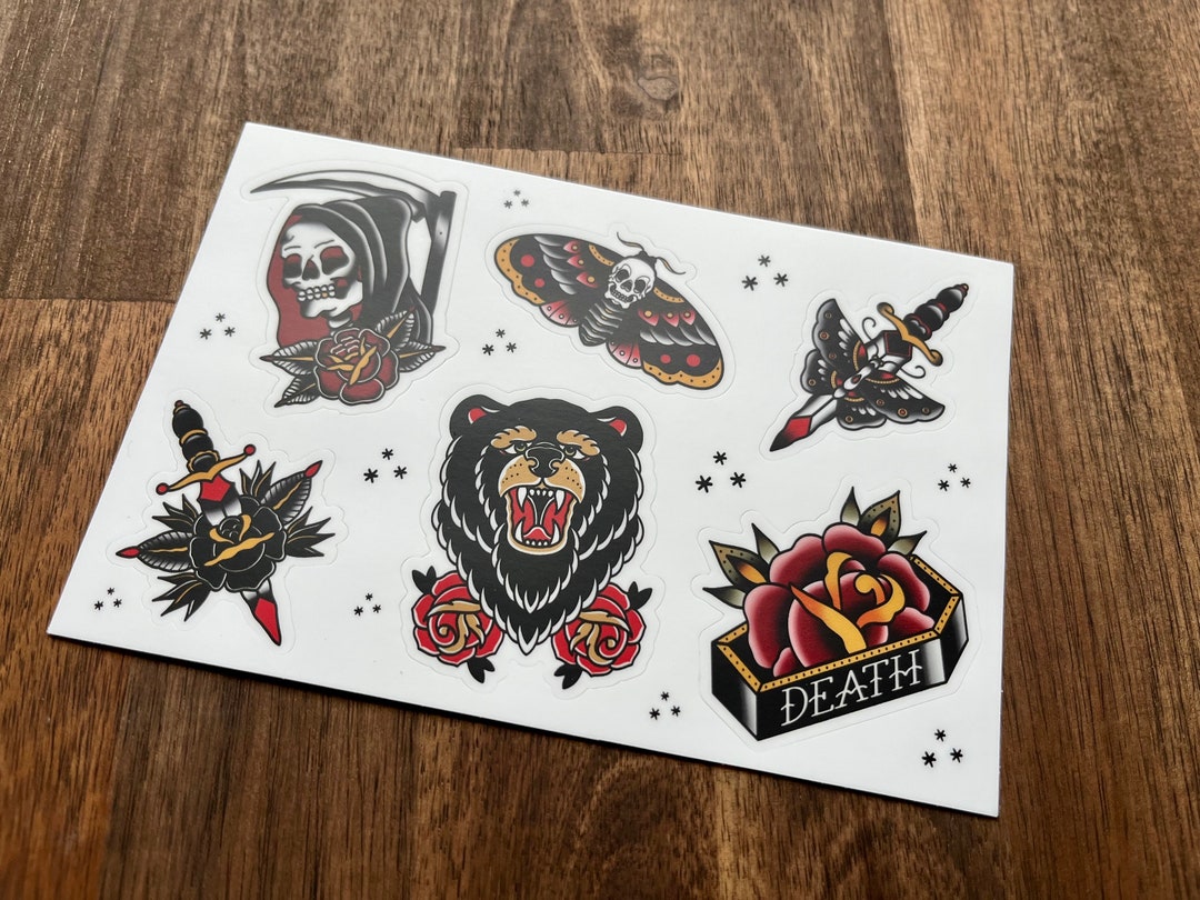 Traditional Tattoo Flash 4x6 Sticker Sheet (6 Vinyl Stickers Included ...
