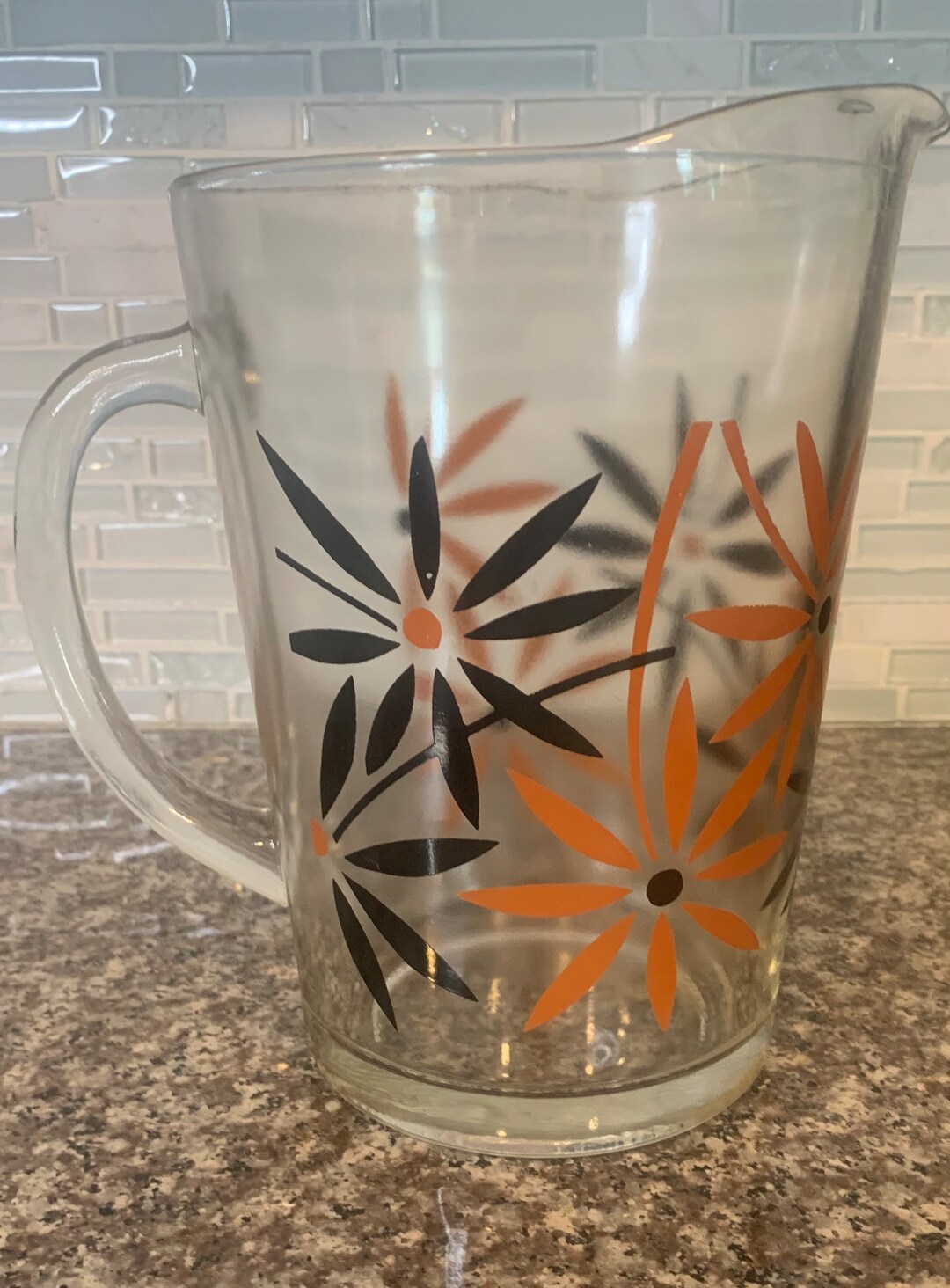 Mid-century Modern Pink and Black Floral Glass Pitcher - MOD - MCM ...