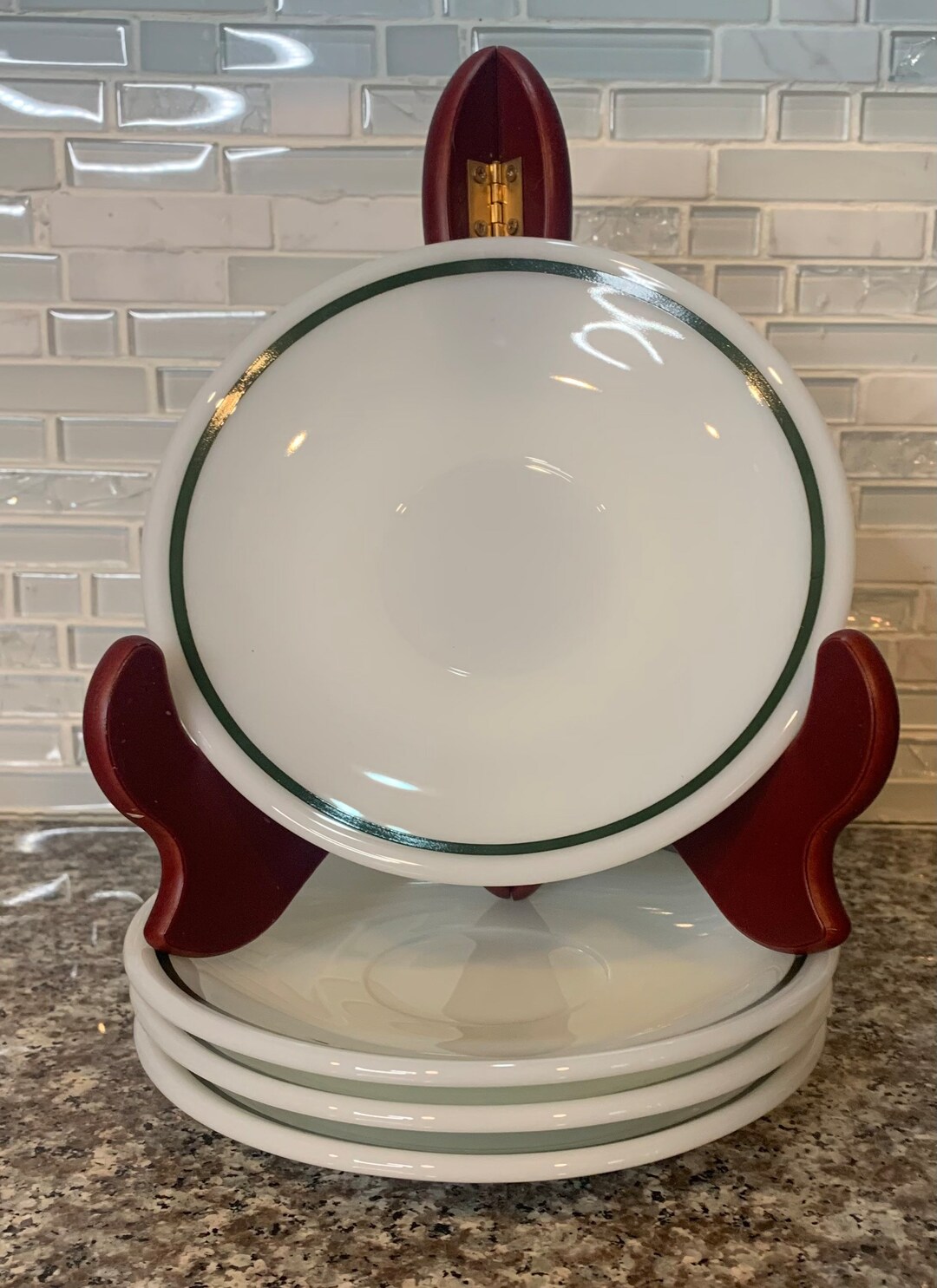 Vintage Set of 4 Pyrex Emerald Green Band Restaurant Heavy Duty Saucers ...