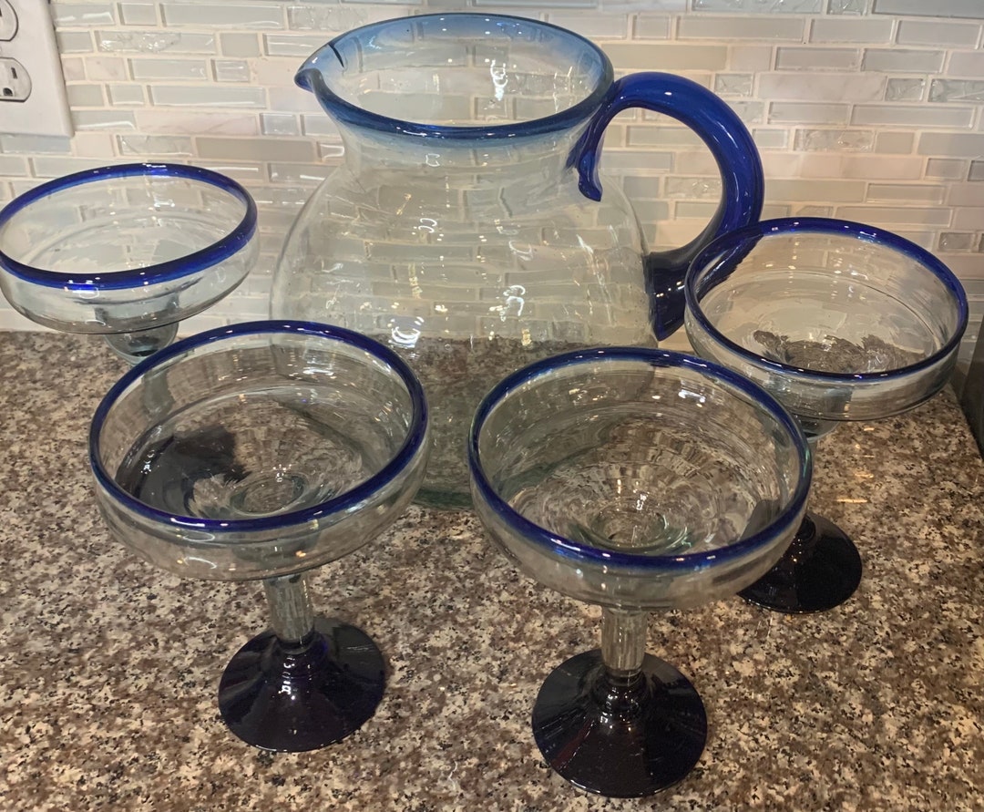 Vintage Mexican Handblown Blue Rimmed Margarita Set Pitcher and 4 ...