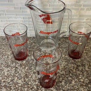 Vintage Snap-on Glass Pitcher and 3 Pint Glasses Collectible Beer Man ...