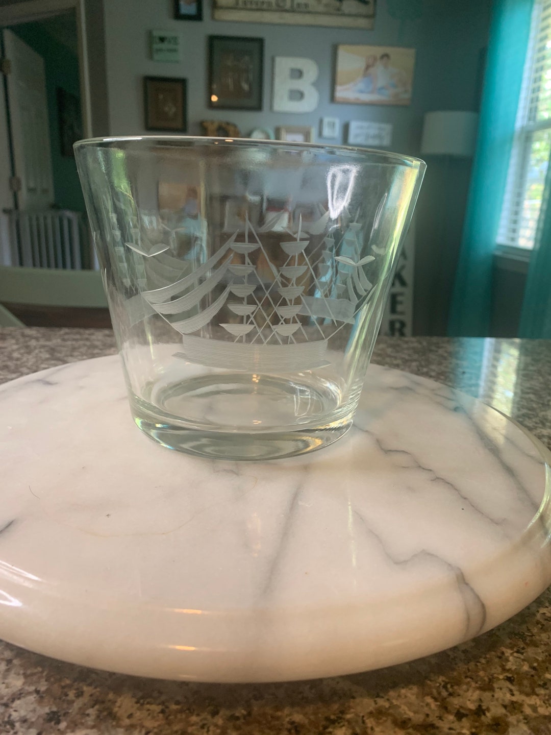Vintage Mid Century Nautical Clear Glass Ice Bucket Etched Sailboat - Etsy