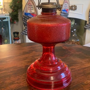 Vintage Ruby Red Glass Oil Lamp | Embossed Scrollwork, Clear Hurricane ...