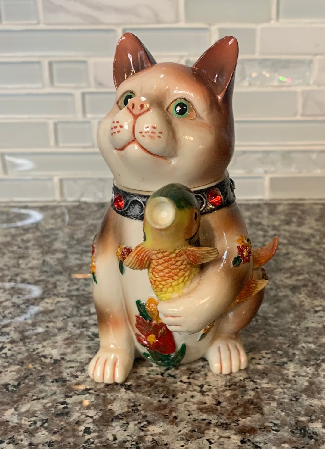 Vintage Shudehill Trinket/pillbox Cat With Koi Fish and Chain - Etsy
