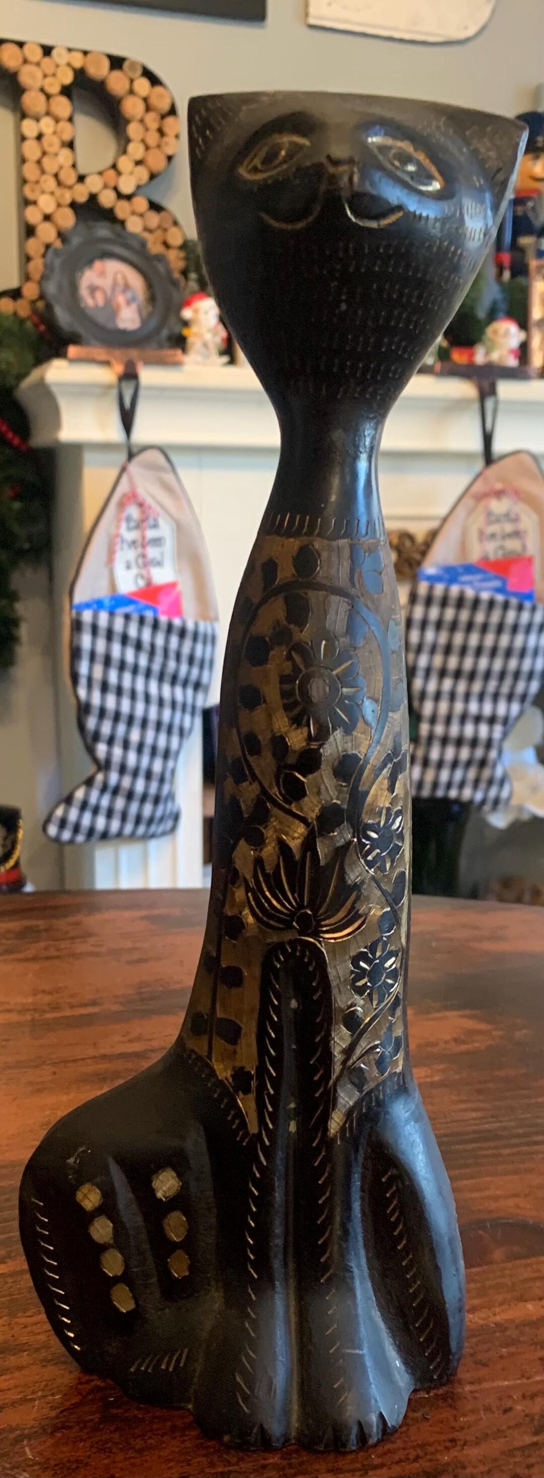 Vintage Black Metal Gold Etched Modernist Cat Statue | MCM | Figure ...