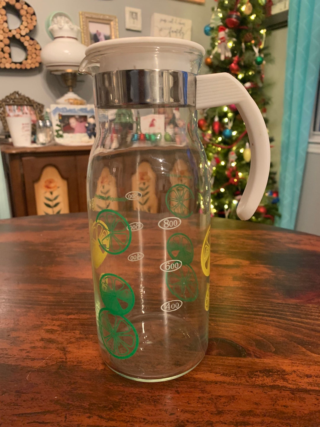 Vintage Lemon Lime Design Glass Juice Carafe Pitcher 1 Quart With Lid ...