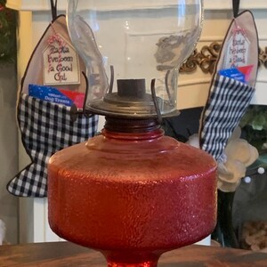 Vintage Ruby Red Glass Oil Lamp | Embossed Scrollwork, Clear Hurricane ...