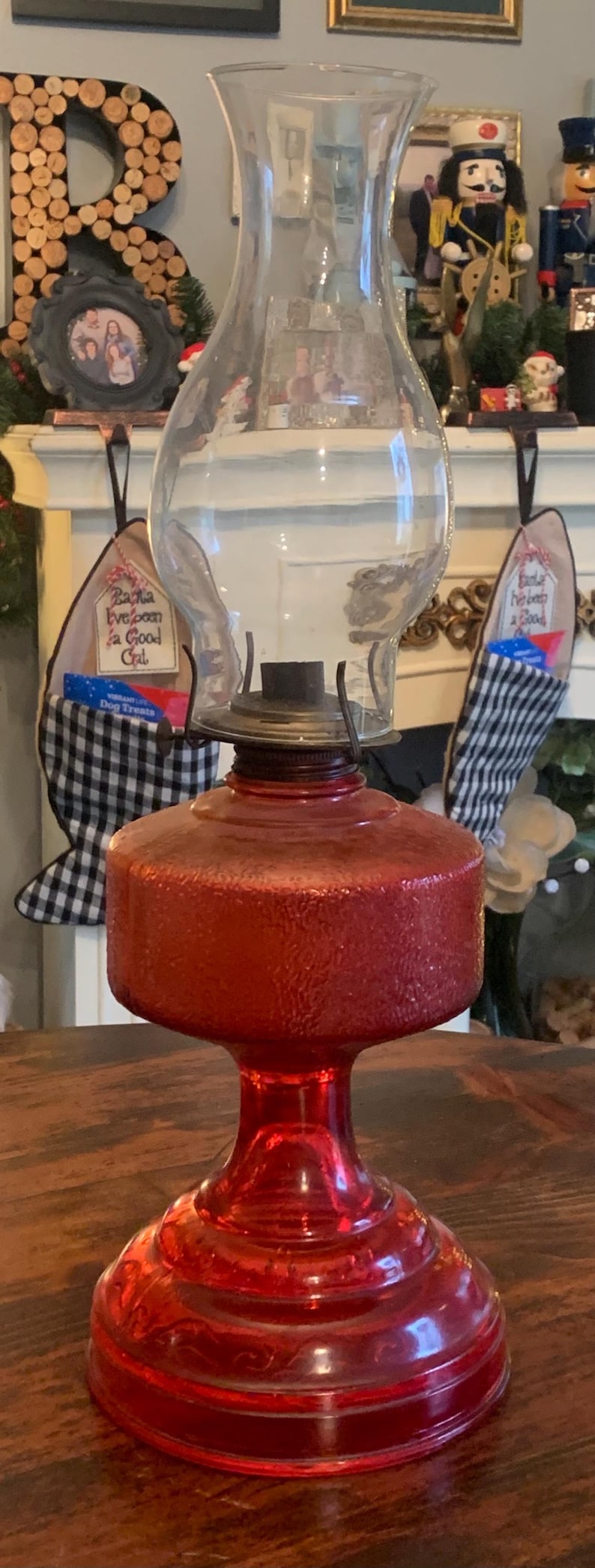 Vintage Ruby Red Glass Oil Lamp | Embossed Scrollwork, Clear Hurricane ...