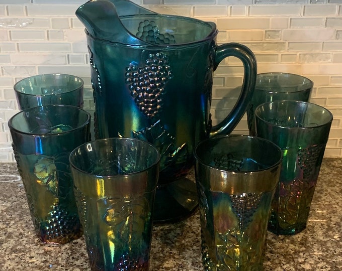 Indiana Glass Blue Iridescent Carnival Glass Pitcher And Tumblers Blue Carnival Glass Barware