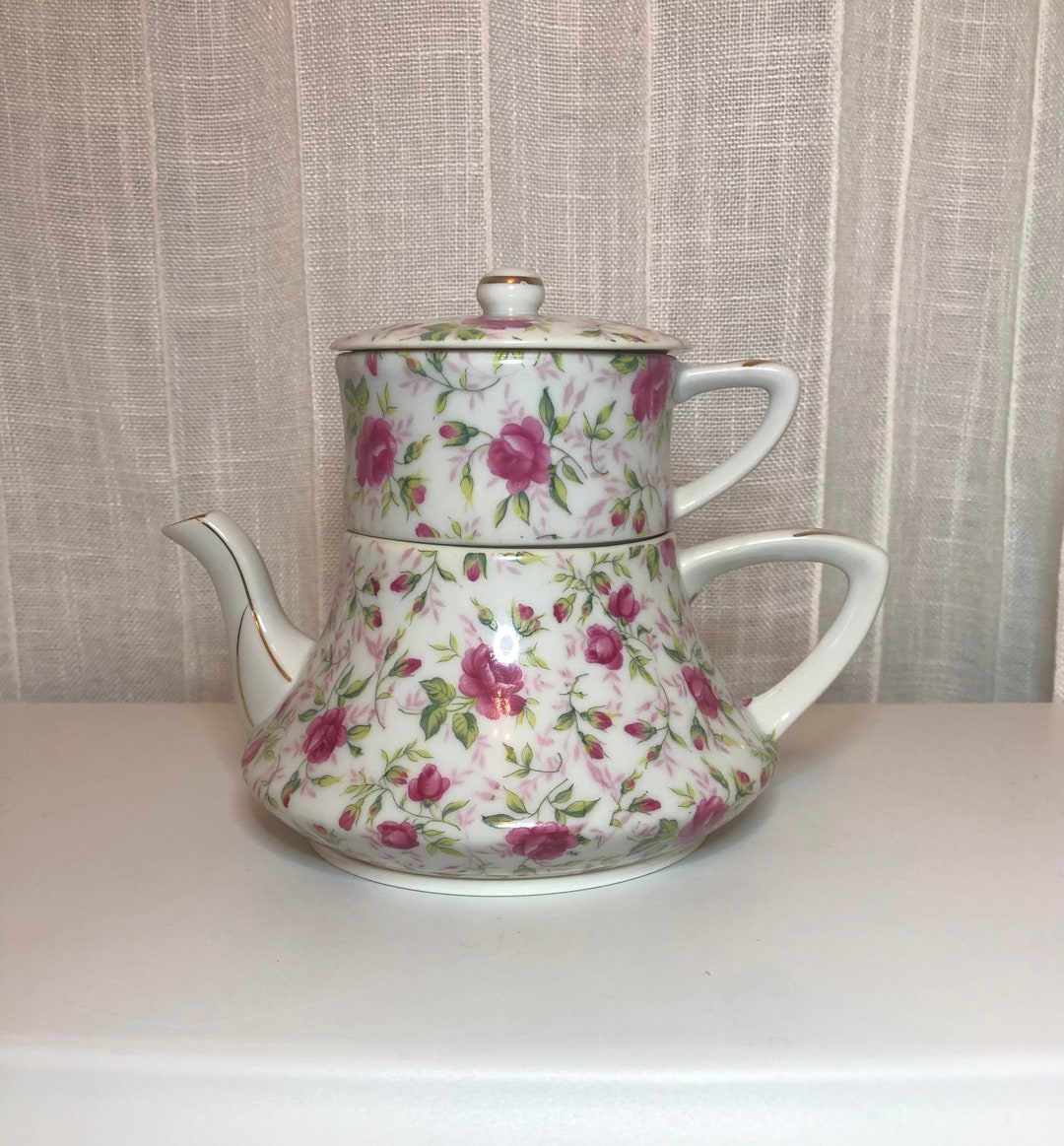 RARE Lefton Rose Chintz Stacking Teapot Set Hand Painted Porcelain 3 ...