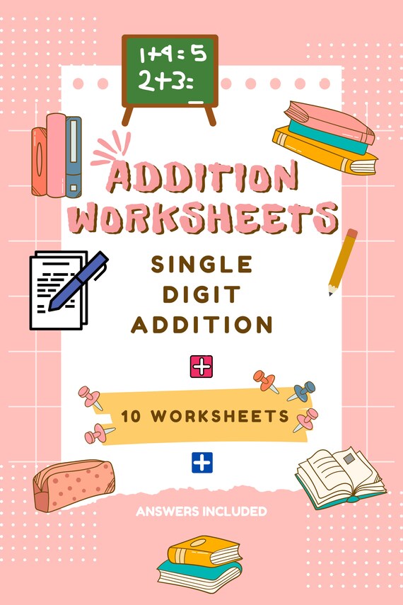 10 Printable Addition Worksheets Single Digit Numbers - Etsy