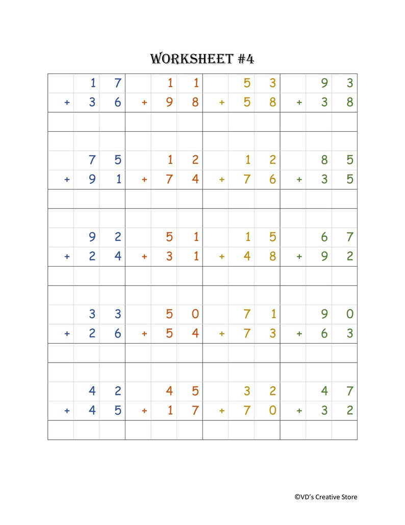 10 Printable Addition Worksheets Numbers Range: 11-99 Answers Included ...