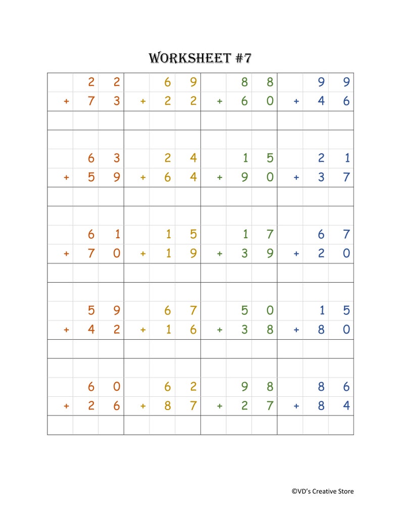 20 Printable Addition Worksheets Numbers Range: 11-99 - Etsy