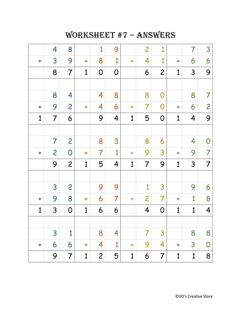 10 Printable Addition Worksheets Numbers Range: 11-99 Answers Included ...