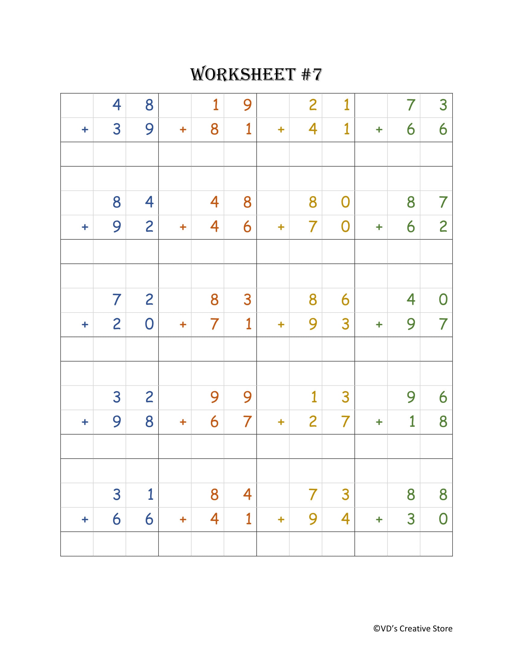 10 Printable Addition Worksheets Numbers Range: 11-99 Answers Included ...