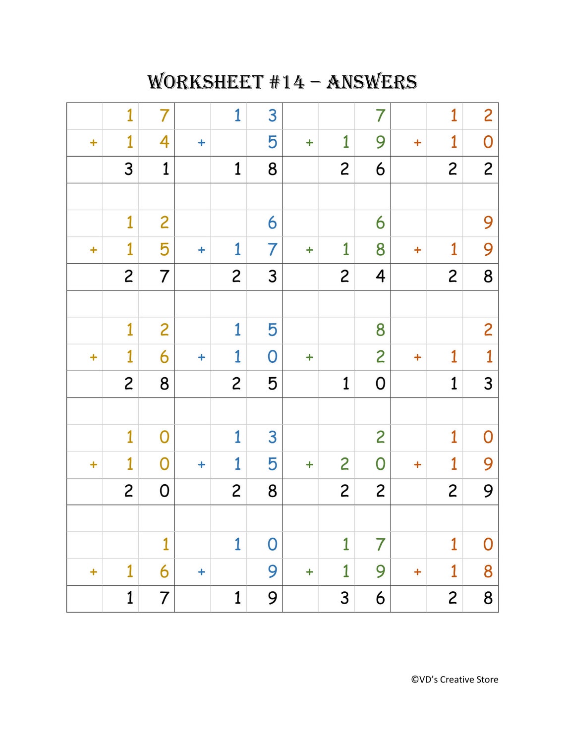 20 Printable Addition Worksheets Numbers Range: 1-20 Answers Included ...