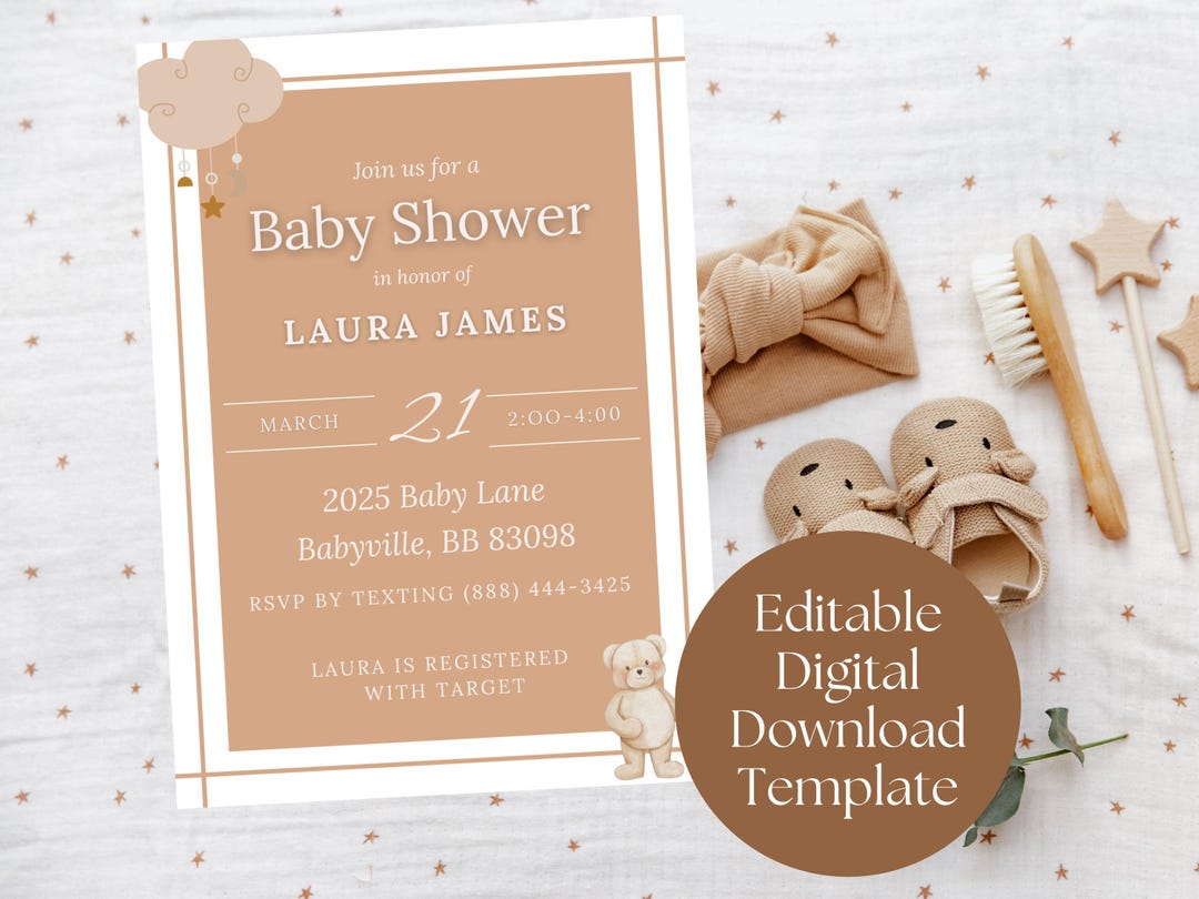 Customizable Brown Teddy Bear Baby Shower Invitation | Modern Baby ...