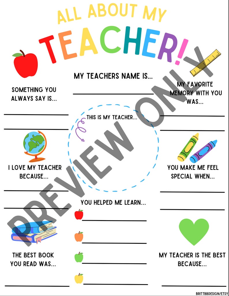 All About My Teacher Worksheet - Etsy