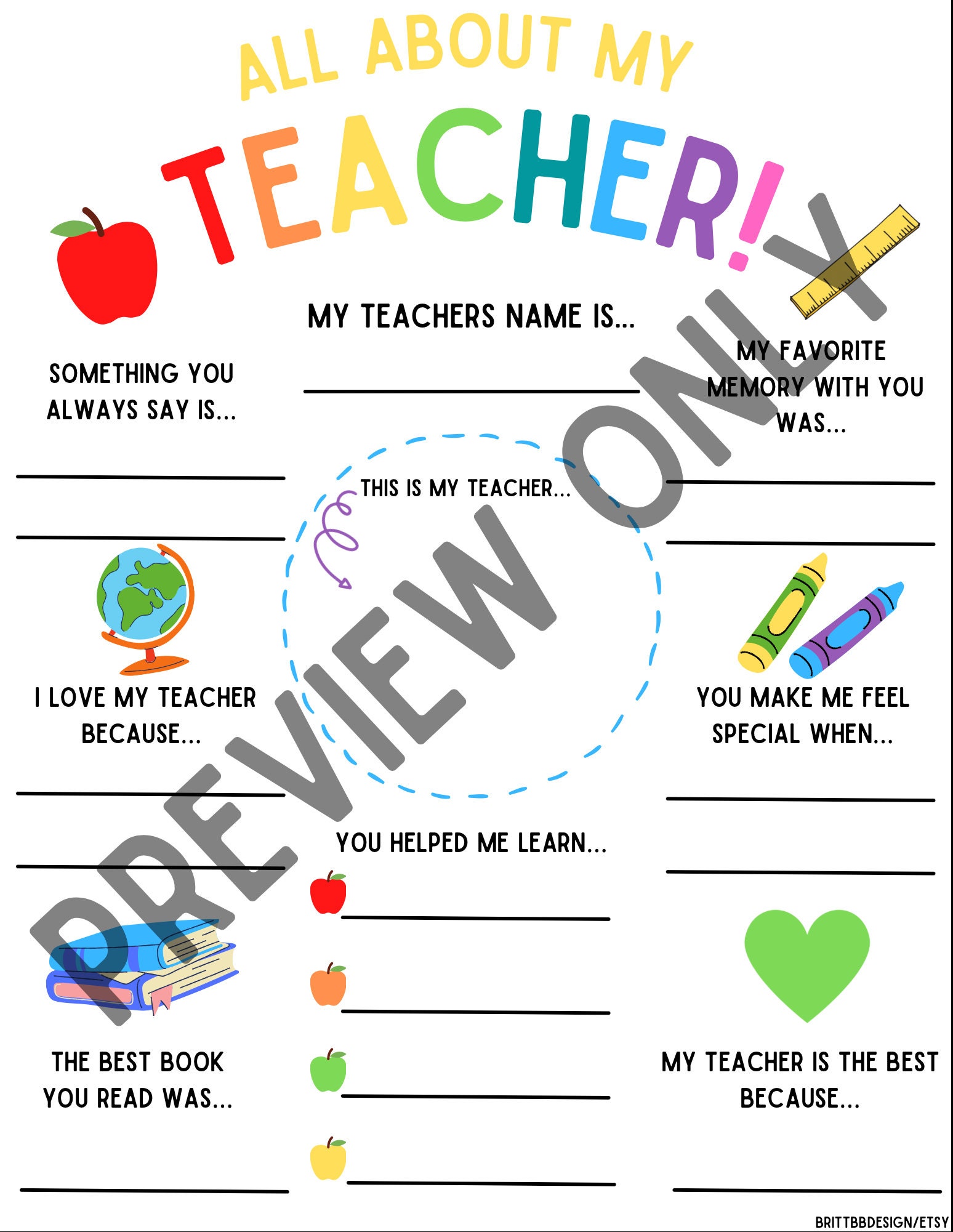 All About My Teacher Worksheet - Etsy