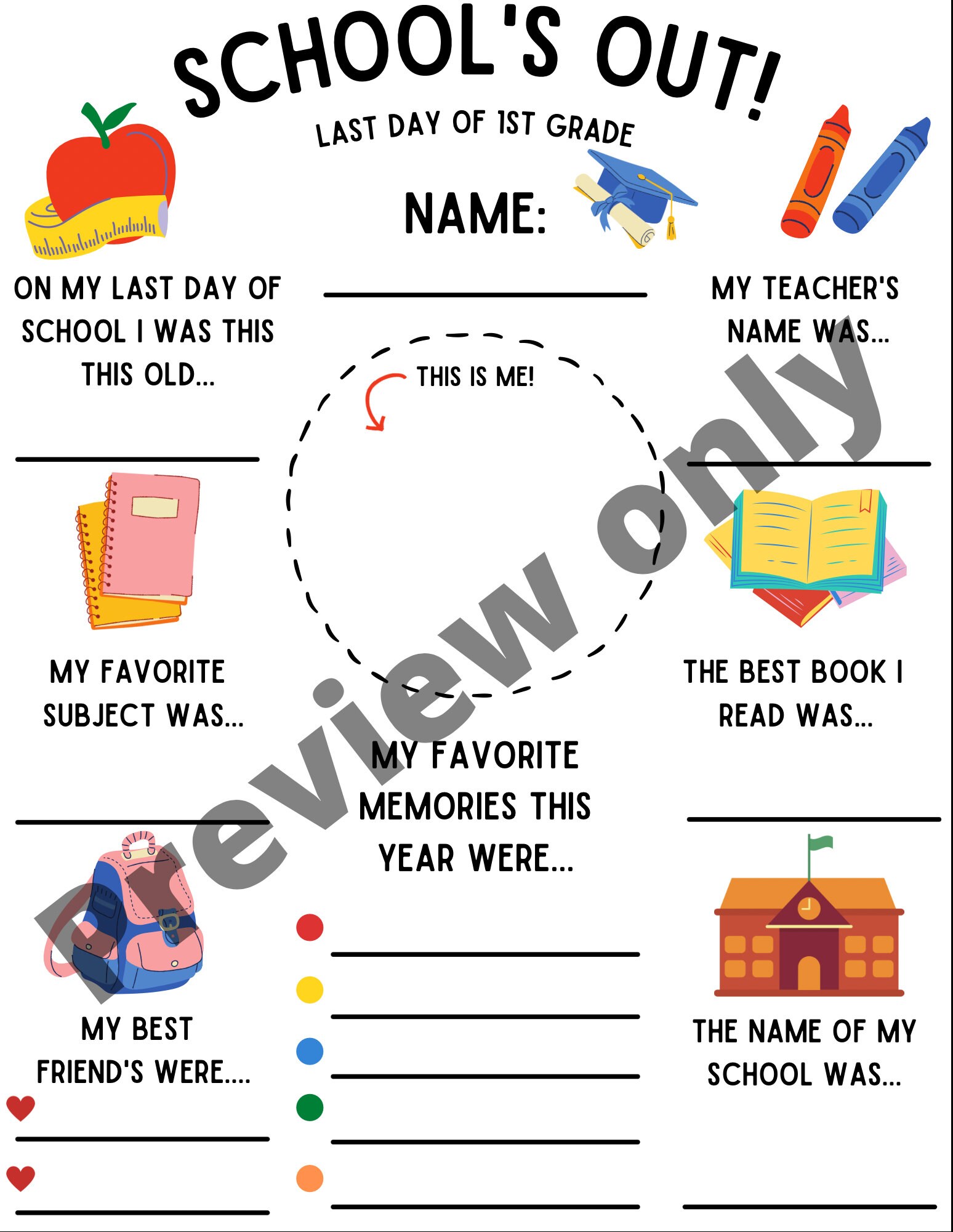 School’s Out: 1st Grade - Last Day of School Worksheet - Etsy