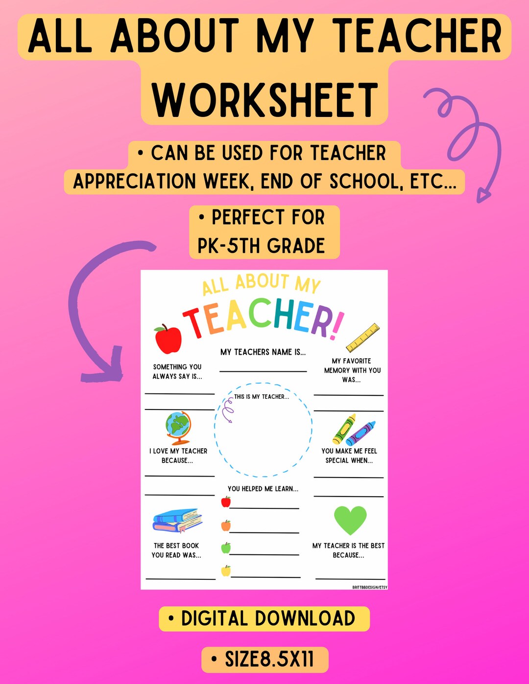 All About My Teacher Worksheet - Etsy