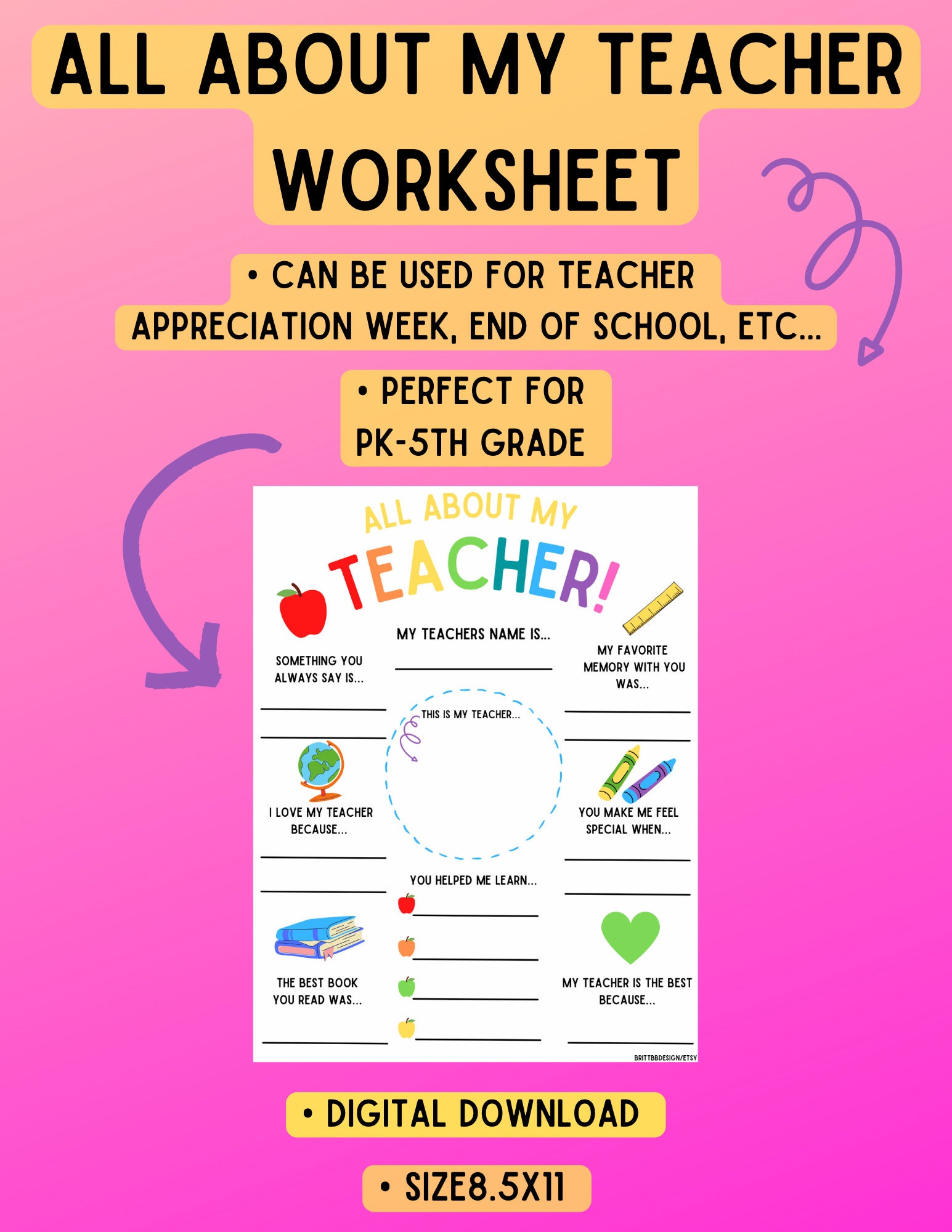 All About My Teacher Worksheet - Etsy