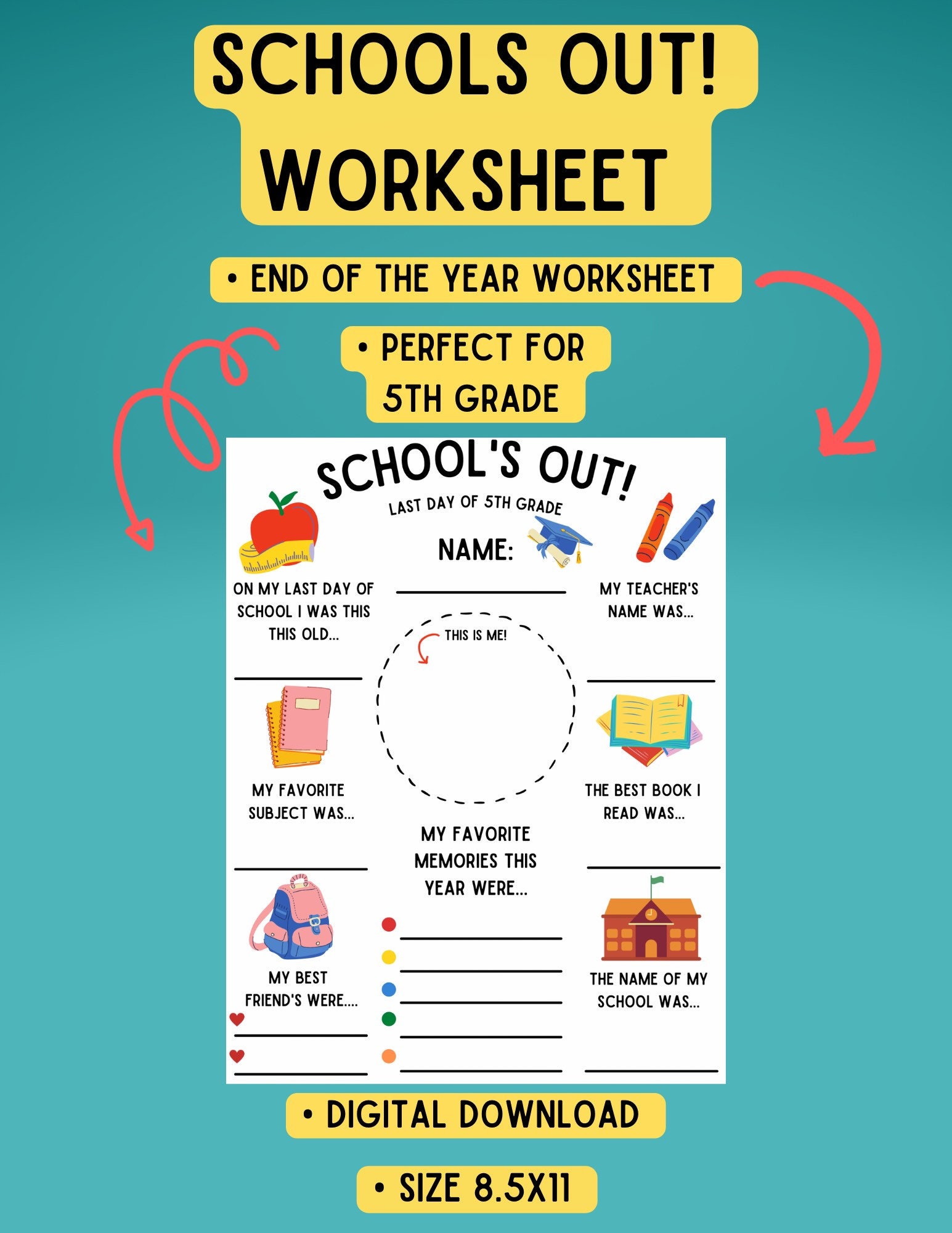 School’s Out: 5th Grade - Last Day of School Worksheet - Etsy