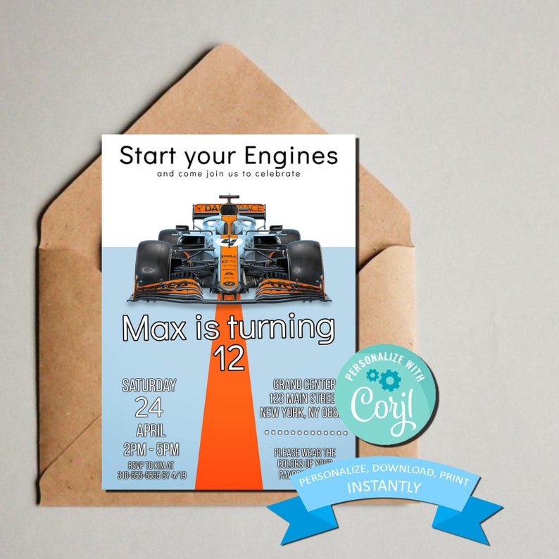 Formula One Birthday Invitation - Race Car Birthday Invite - Racing ...