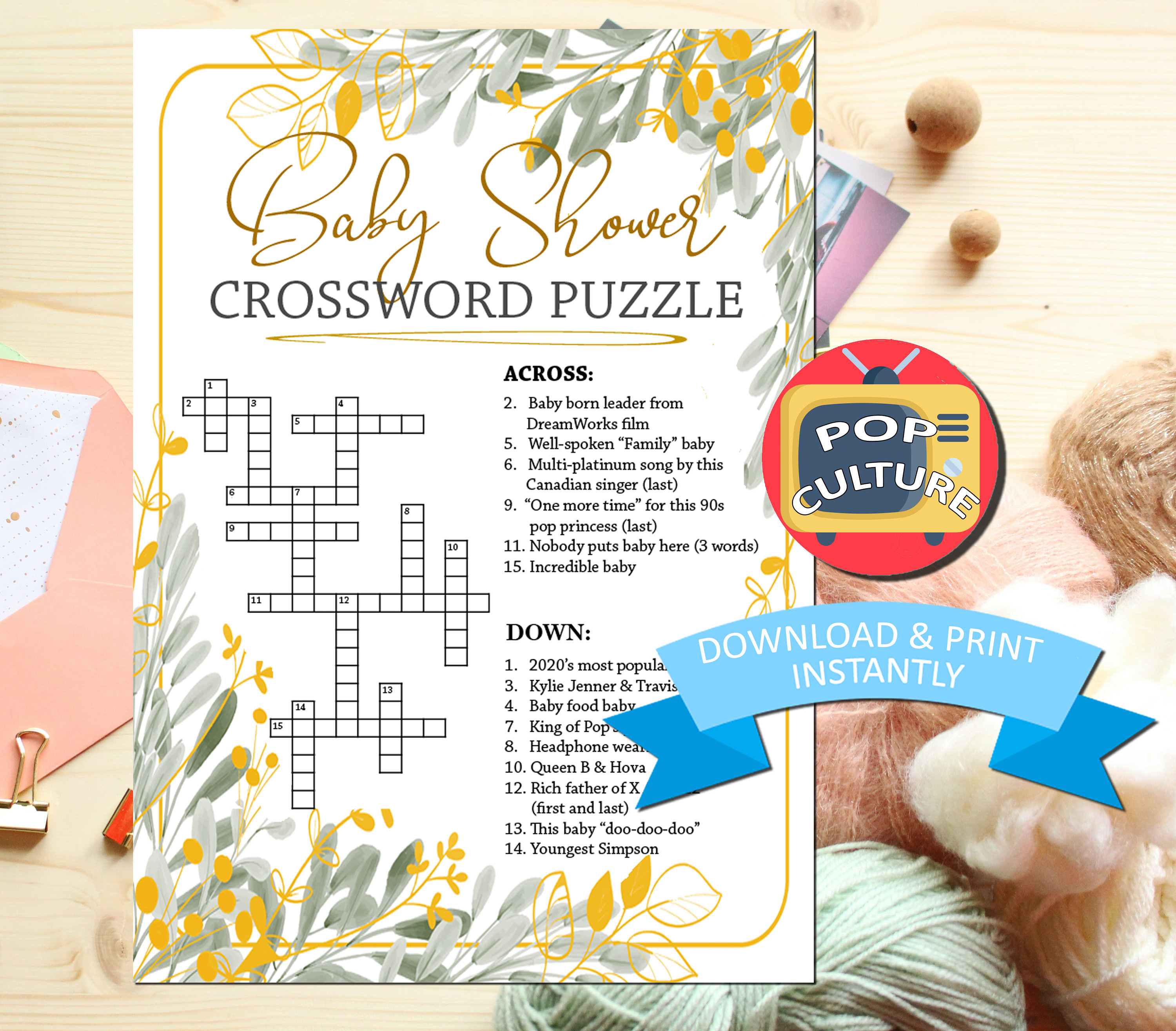 Baby Shower Crossword Puzzle - Baby Shower Game With Pop Culture Trivia ...