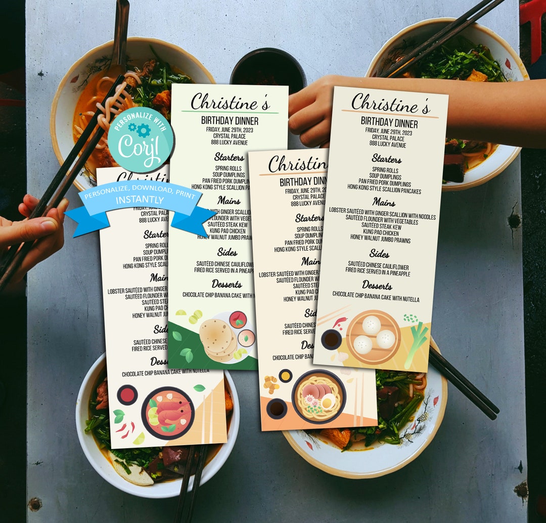 Asian Dinner Menu Template - FOUR Personalized Asian Inspired Dinner ...