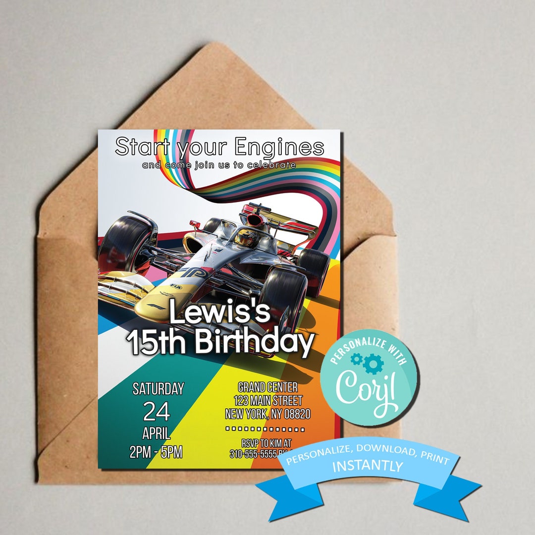 Formula One Birthday Invitation - Race Car Birthday Invite - Racing ...