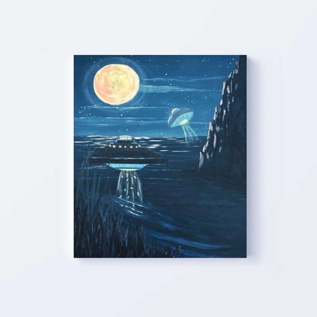 UFO Acrylic Painting - Original Alien Artwork - UAP Surrealist Wall Art ...