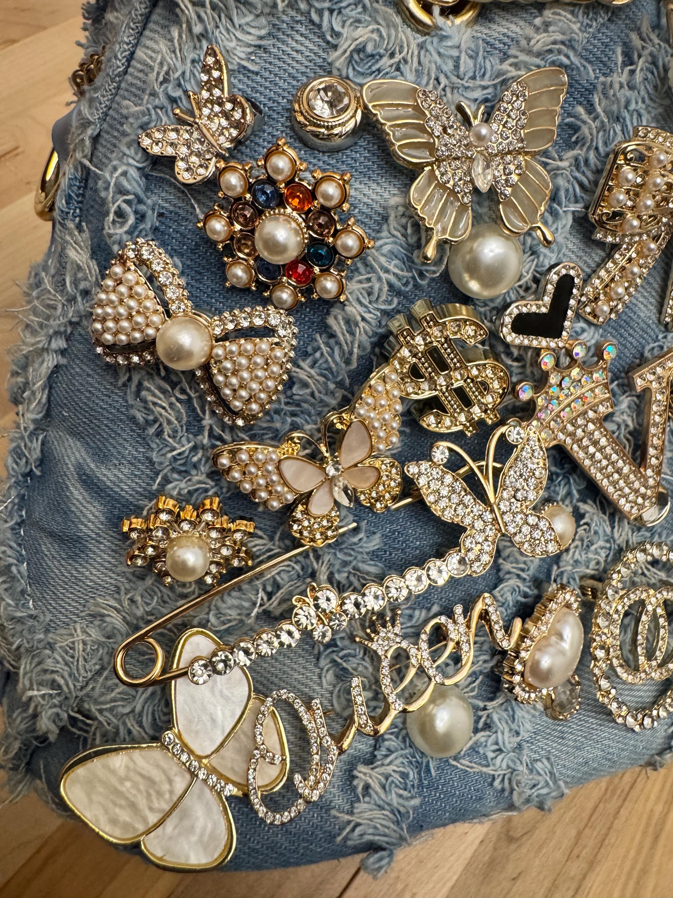 Jeweled Denim Letter Purse, Jeweled Purse, Denim and Diamond Pearl ...