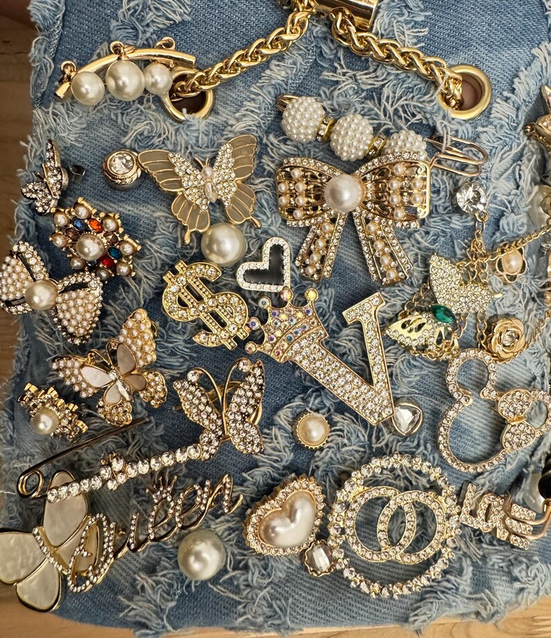 Jeweled Denim Letter Purse: Pearl & Diamond Accent, Custom Initial - Etsy