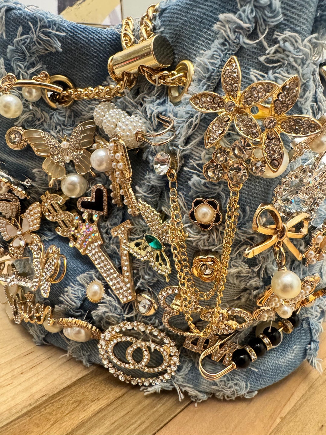 Jeweled Denim Letter Purse: Pearl & Diamond Accent, Custom Initial - Etsy