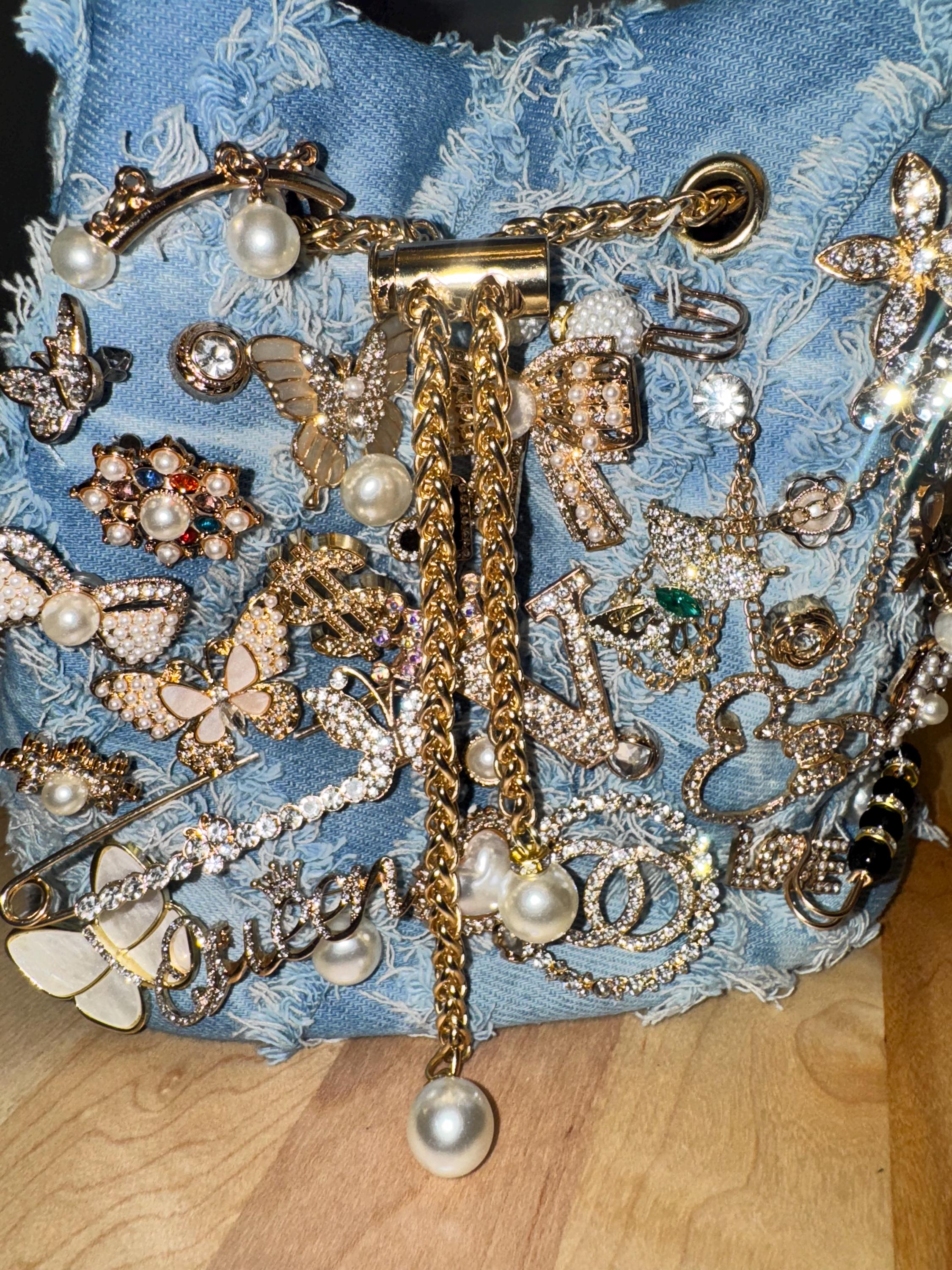Jeweled Denim Letter Purse, Jeweled Purse, Denim and Diamond Pearl ...