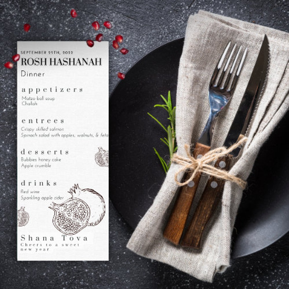 Rosh Hashanah Pomegranate Menu Template. Jewish High Holiday Menu ...