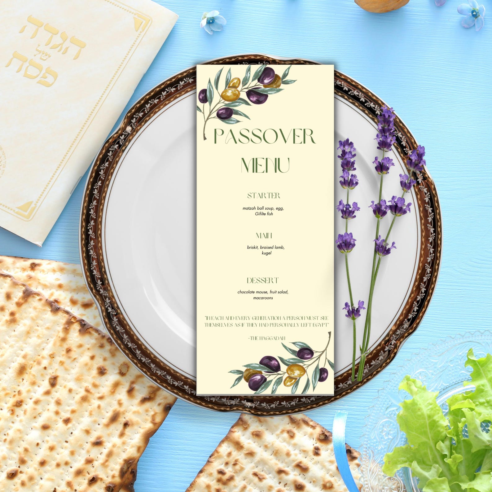 Printable Passover Seder Menu Template, Olive Branch Passover Dinner ...