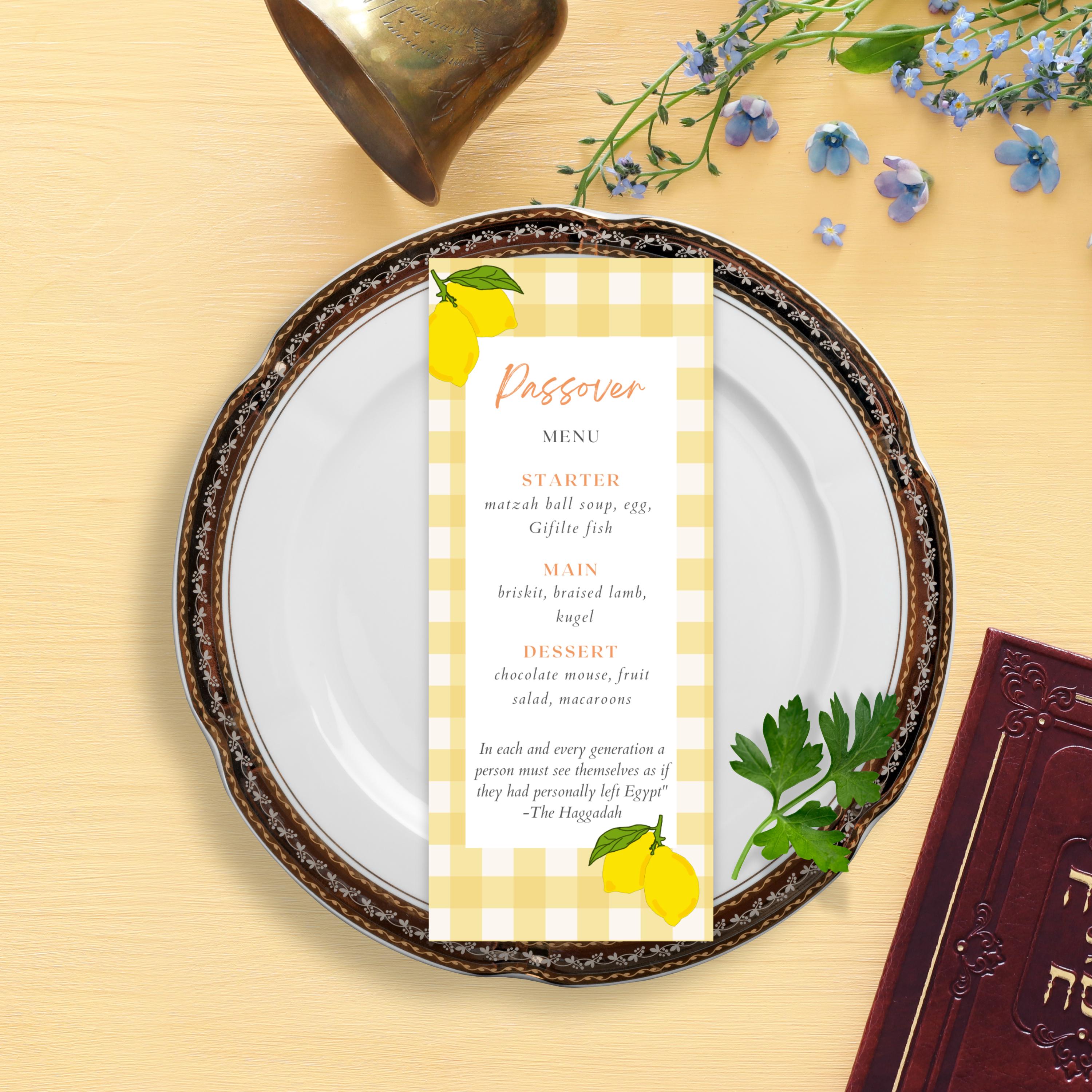 Printable Passover Seder Menu Template Lemon, Passover Dinner Menu ...