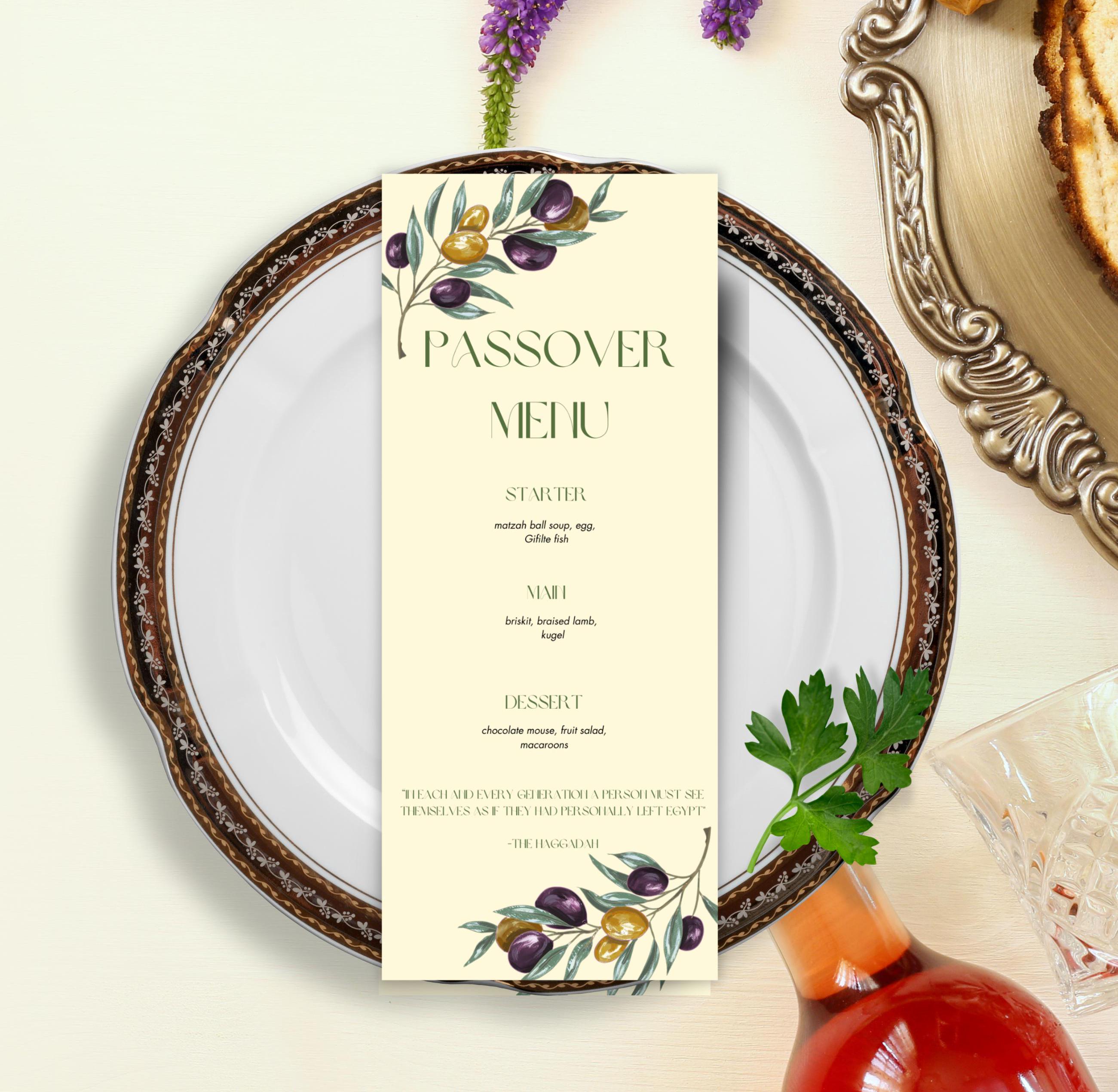 Printable Passover Seder Menu Template, Olive Branch Passover Dinner ...