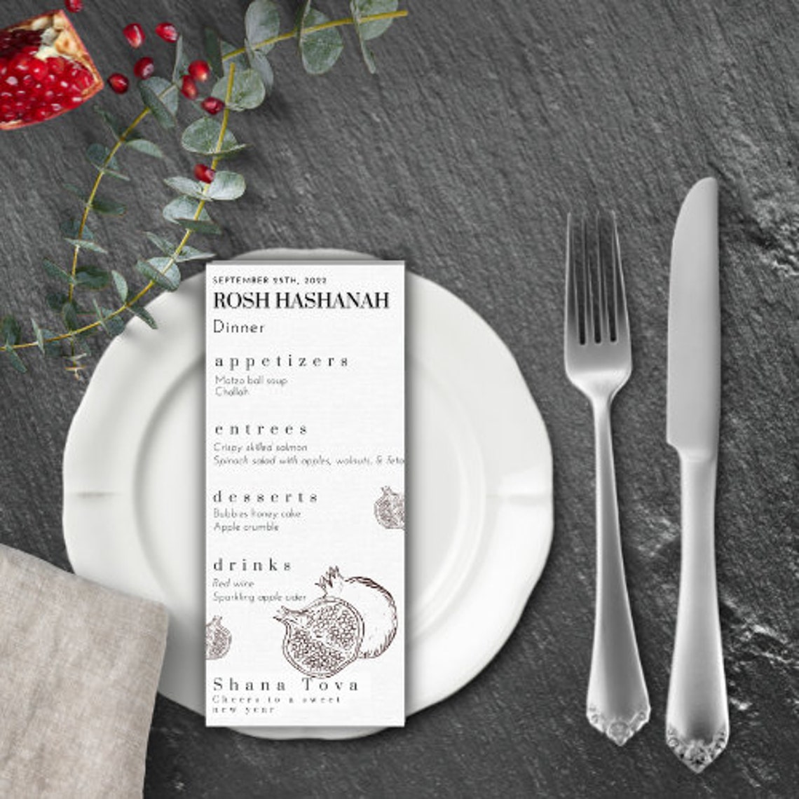 Rosh Hashanah Pomegranate Menu Template. Jewish High Holiday Menu ...